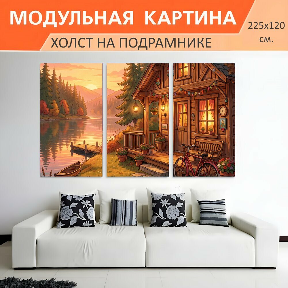 Модульная картина на холсте "Уютный дом у озера на закате. Живописная деревянная хижина у тихой воды, окружённая хвойным лесом и." триптих на подрамнике 225х120 см. для интерьера