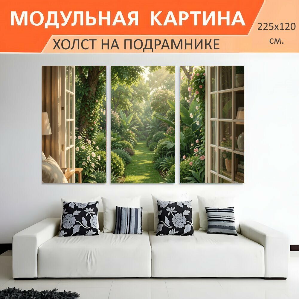Модульная картина на холсте "Сад за распахнутым окном. Уютный вид из спальни на зеленый цветущий сад с высокими деревьями, листвой и." триптих на подрамнике 225х120 см. для интерьера