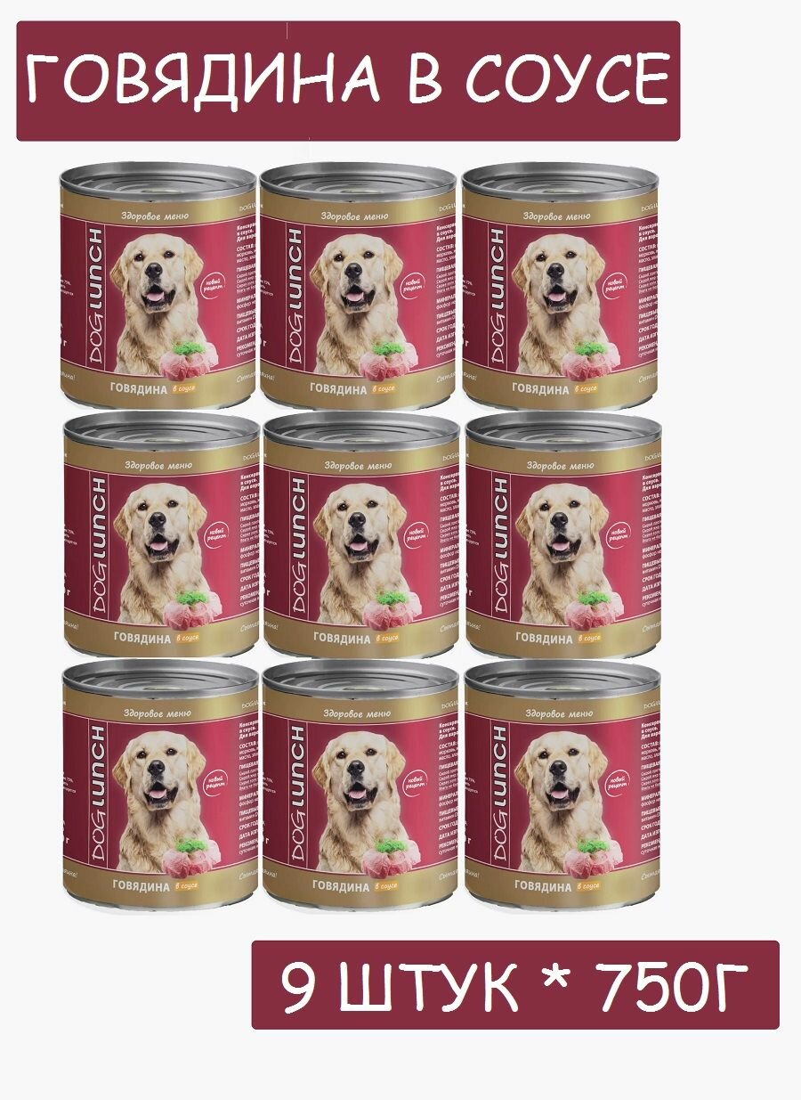 Dog Lunch влажный корм для собак Говядина в соусе 750г (9 штук)
