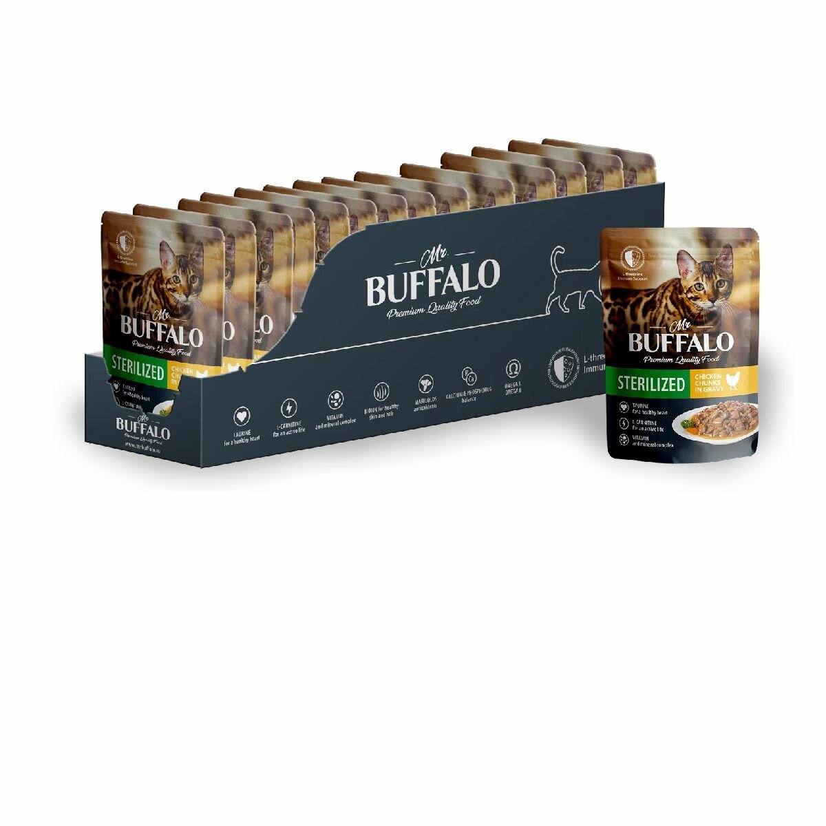 Mr.Buffalo STERILIZED пауч для стерилизованных кошек Цыпленок в соусе 85г (28 штук)