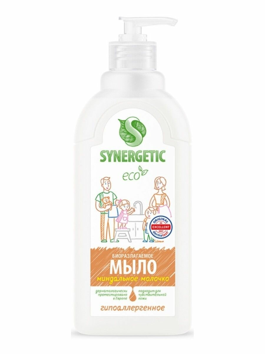 SYNERGETIC Жидкое мыло гипоаллергенное миндальное молочко дозатор 500мл