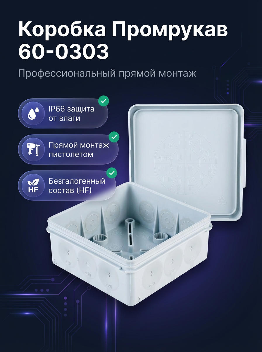 Коробка распределительная 60-0303 для прямого монтажа двухкомпонентная безгалогенная (HF) 100х100х40 Промрукав