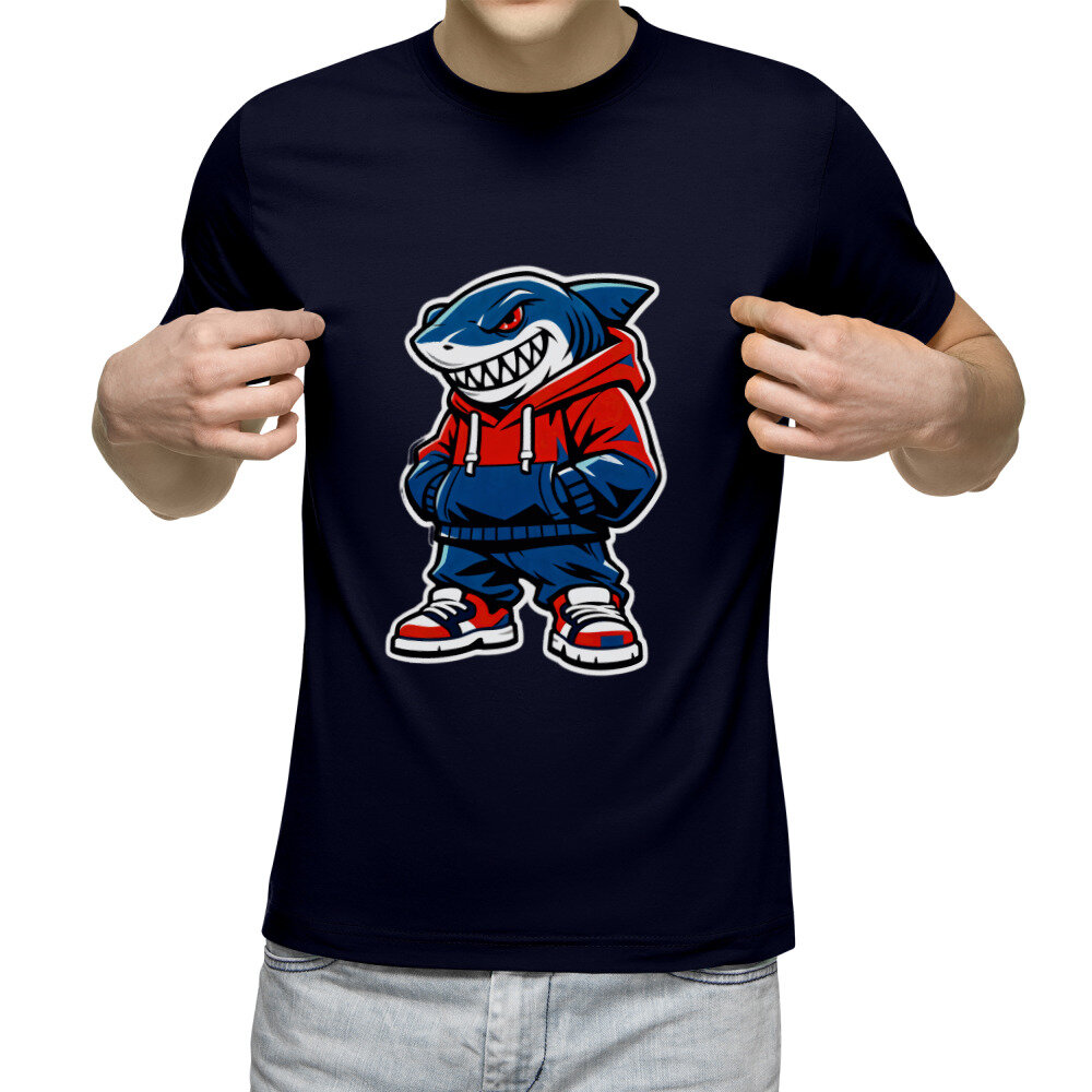 Мужская футболка «Street Shark крутая акула в худи» (темно-синий, 3XL)