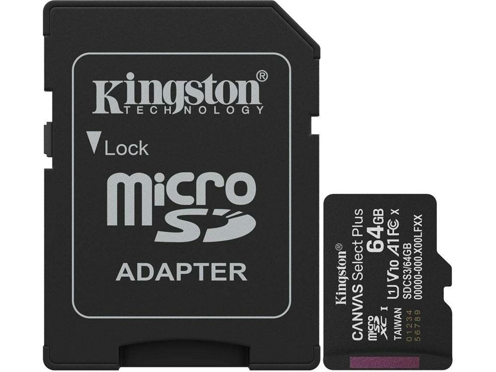 Карта памяти microSDXC UHS-I U1 Kingston Canvas Select Plus 64 ГБ, 100 МБ/с, Class 10, SDCS3/64GB, 1 шт, переходник SD