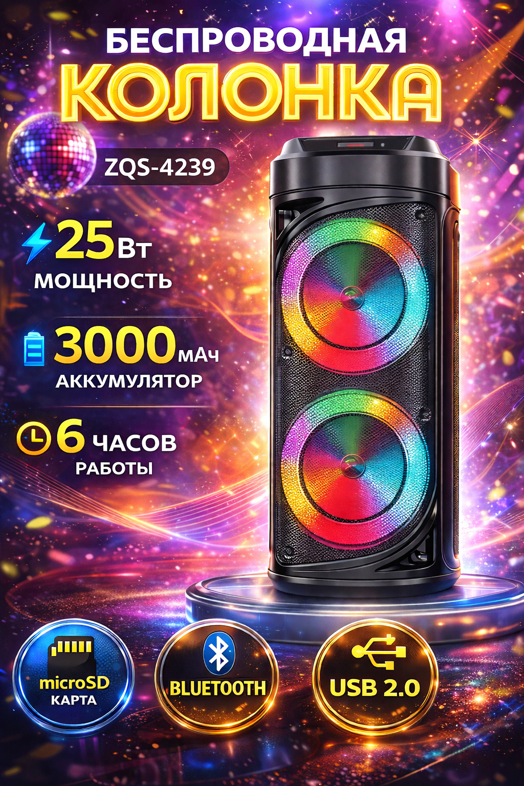 Портативная колонка RAZR 2 ZQS 4239, 25Вт, 3000мАч, Bluetooth 5.0, FM-радио