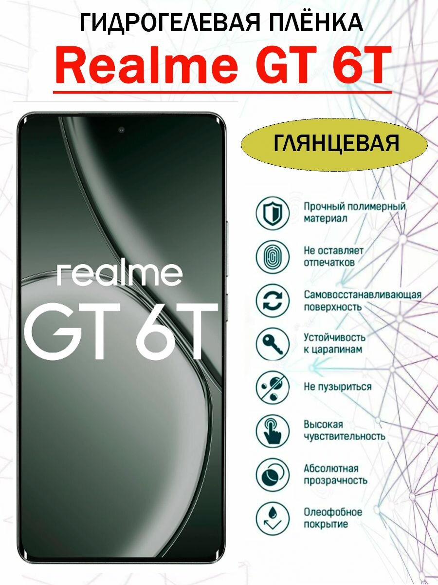 Глянцевая гидрогелевая защитная пленка Realme GT 6T на экран для защиты устройства от царапин и потертостей.