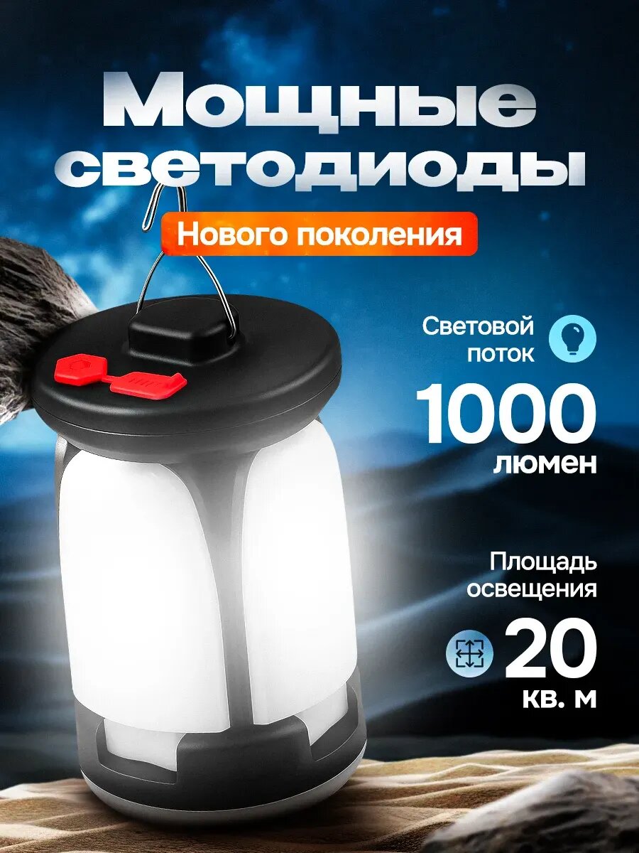 Кемпинговый фонарь светодиодный, аккумулятор 2×18650, встроенный пауэрбанк, влагозащита, черный