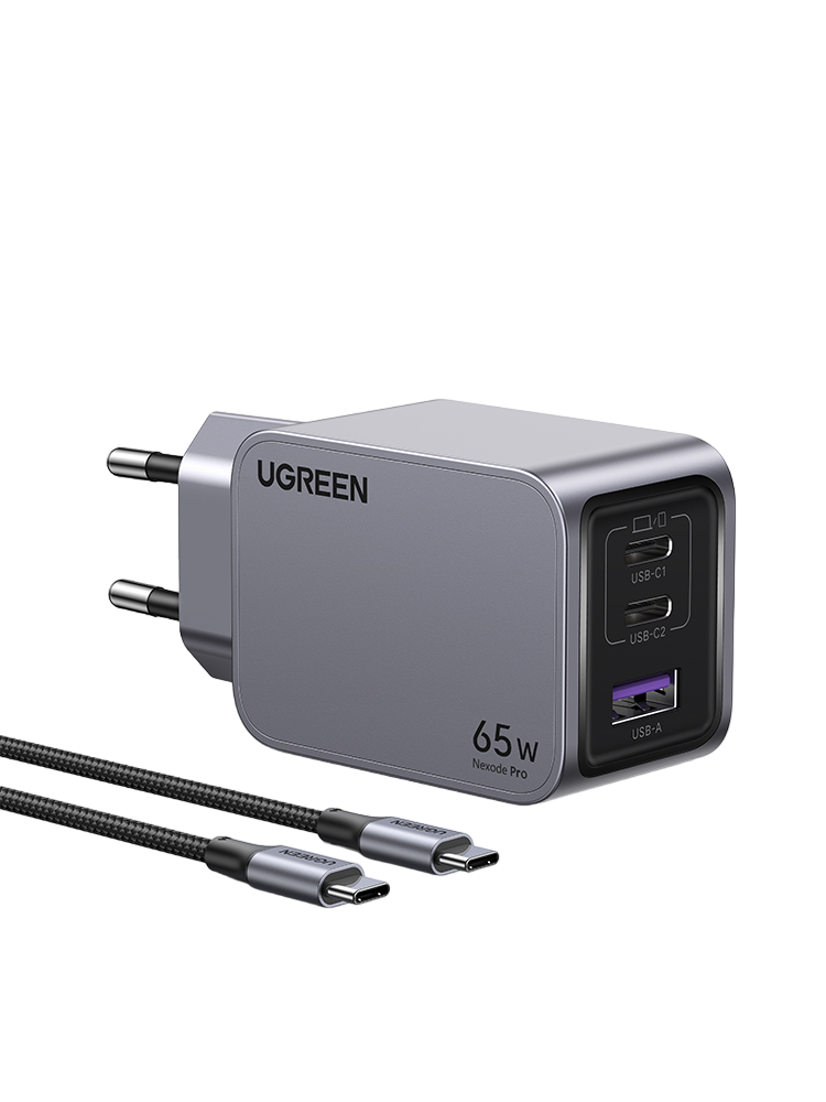 СЗУ UGREEN X755 (25871) Nexode Pro 65W 3-Port GaN Fast Charger EU с кабелем 100W. Длина кабеля: 1м. Цвет: серый