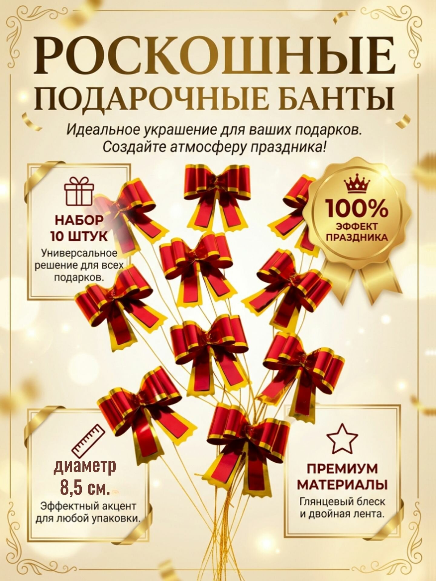 Бант подарочный красный 10 штук набор, д-р 8,5 см, металлизированный эффект