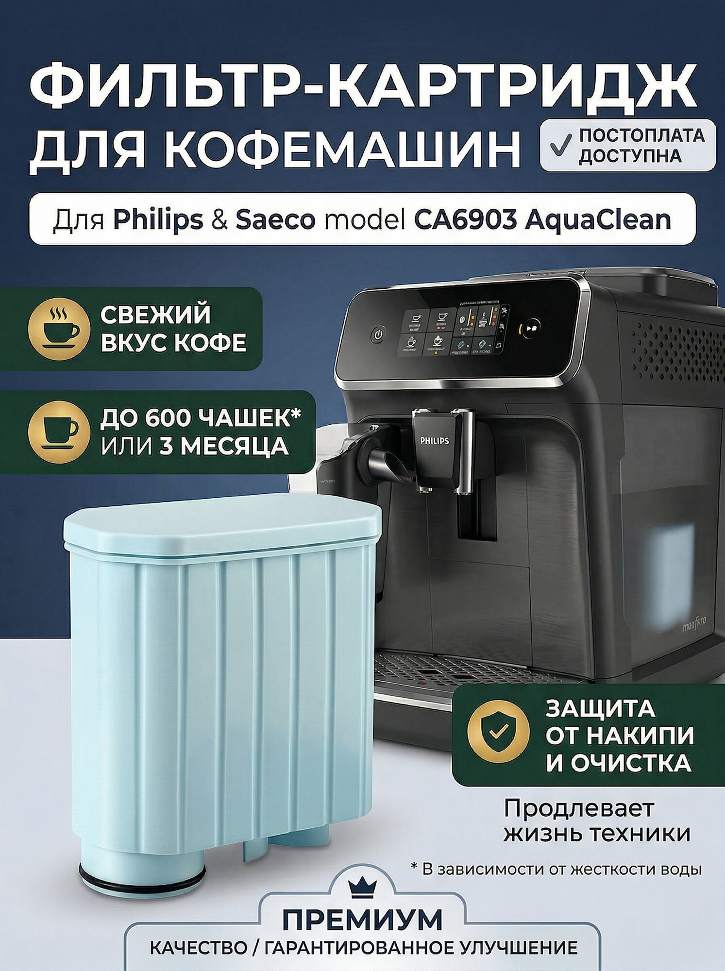 Фильтр для кофемашины Philips и Saeco, совместим с AquaClean CA6903