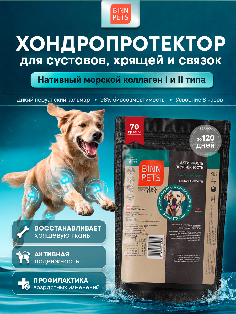 Хондропротектор для собак BINN PETS Joints & Bones 70 г в пакете морской коллаген для суставов хрящей и связок, укрепление костей, восстановление подвижности