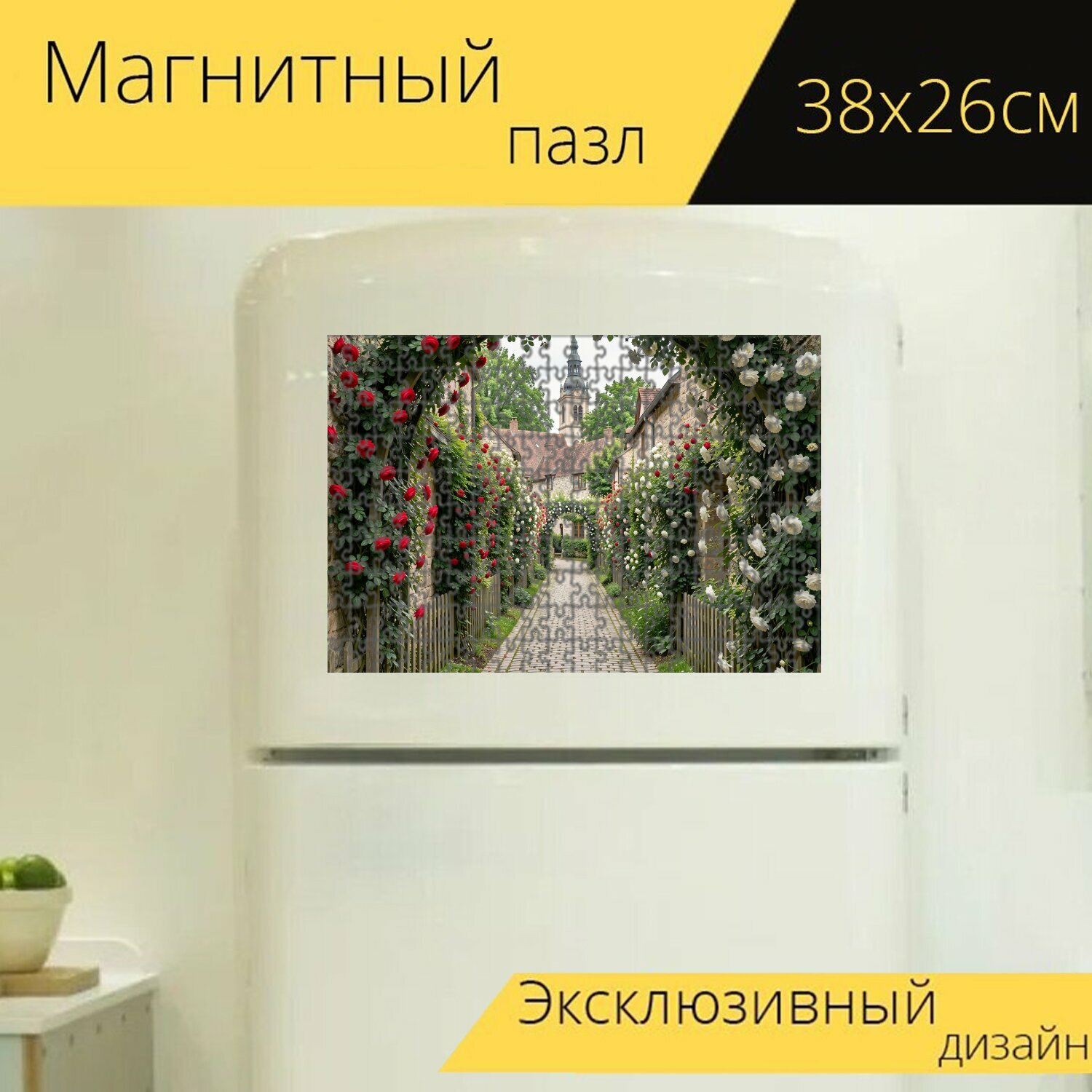 Магнитный пазл "Цветочная улица старого города. Уютная европейская улочка с каменной мостовой, аркой из роз и старинными домами. Красно-белые цветы, зелень." для интерьера, 38х26 см.