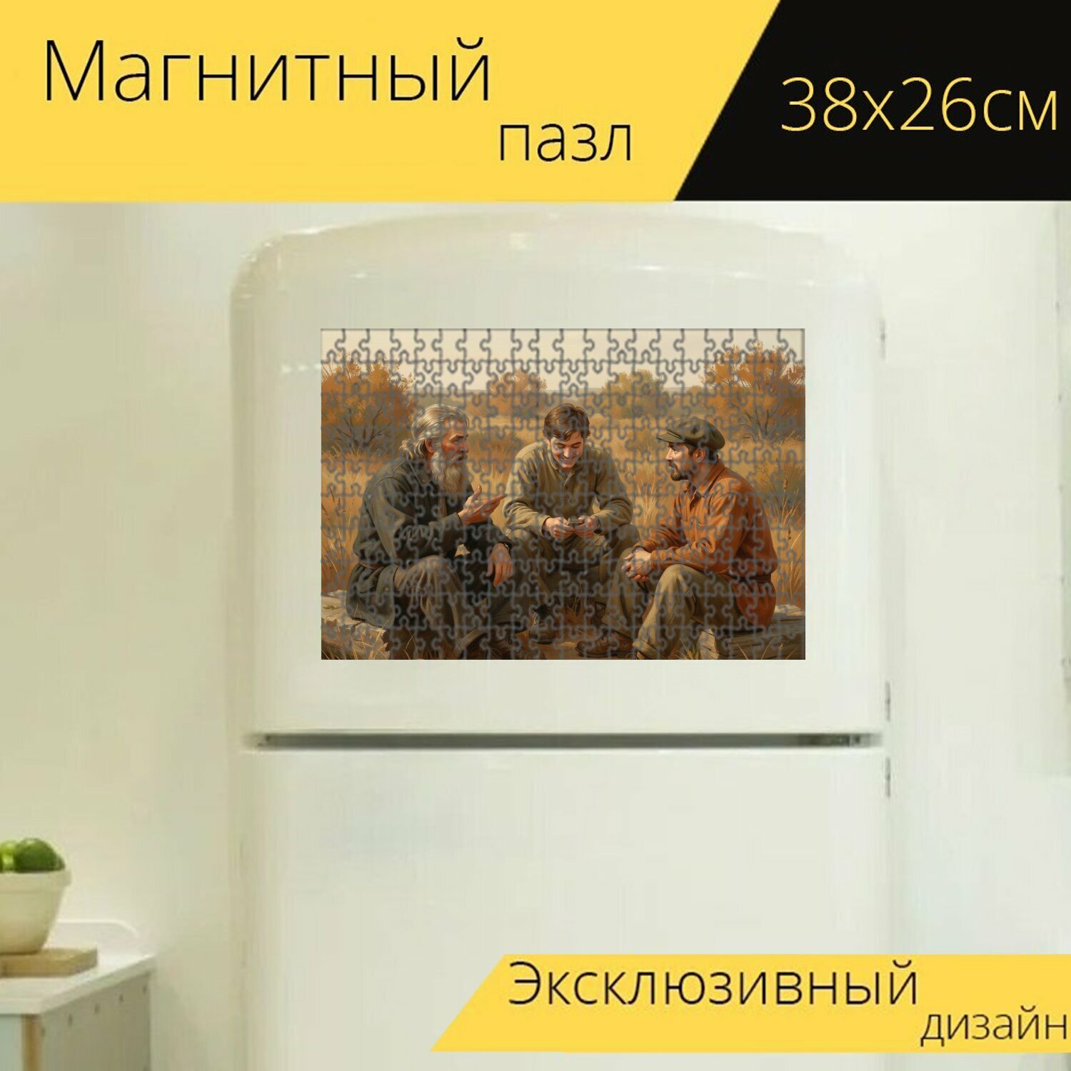 Магнитный пазл "Трое мужчин в осеннем поле. Живописная сцена беседы трёх мужчин на фоне золотистой степи и редких кустарников, тёплая земляная палитра." для интерьера, 38х26 см.