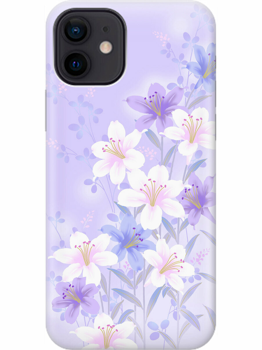 Силиконовый чехол на Apple iPhone 12 / 12 Pro / Эпл Айфон 12 / 12 Про с рисунком "Лилии на фиолетовом"