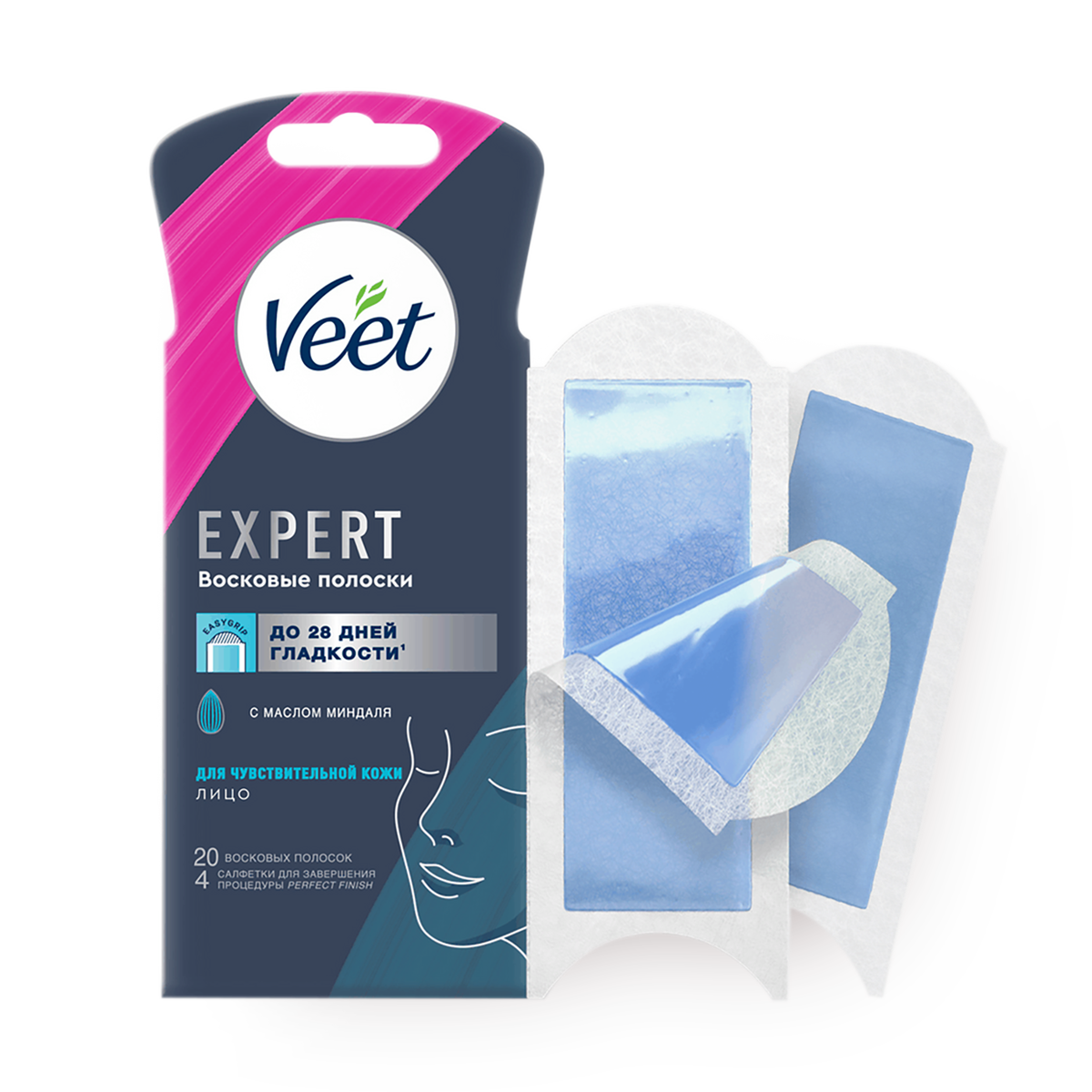 Восковые полоски Veet Expert для чувствительной кожи лица с маслом миндаля