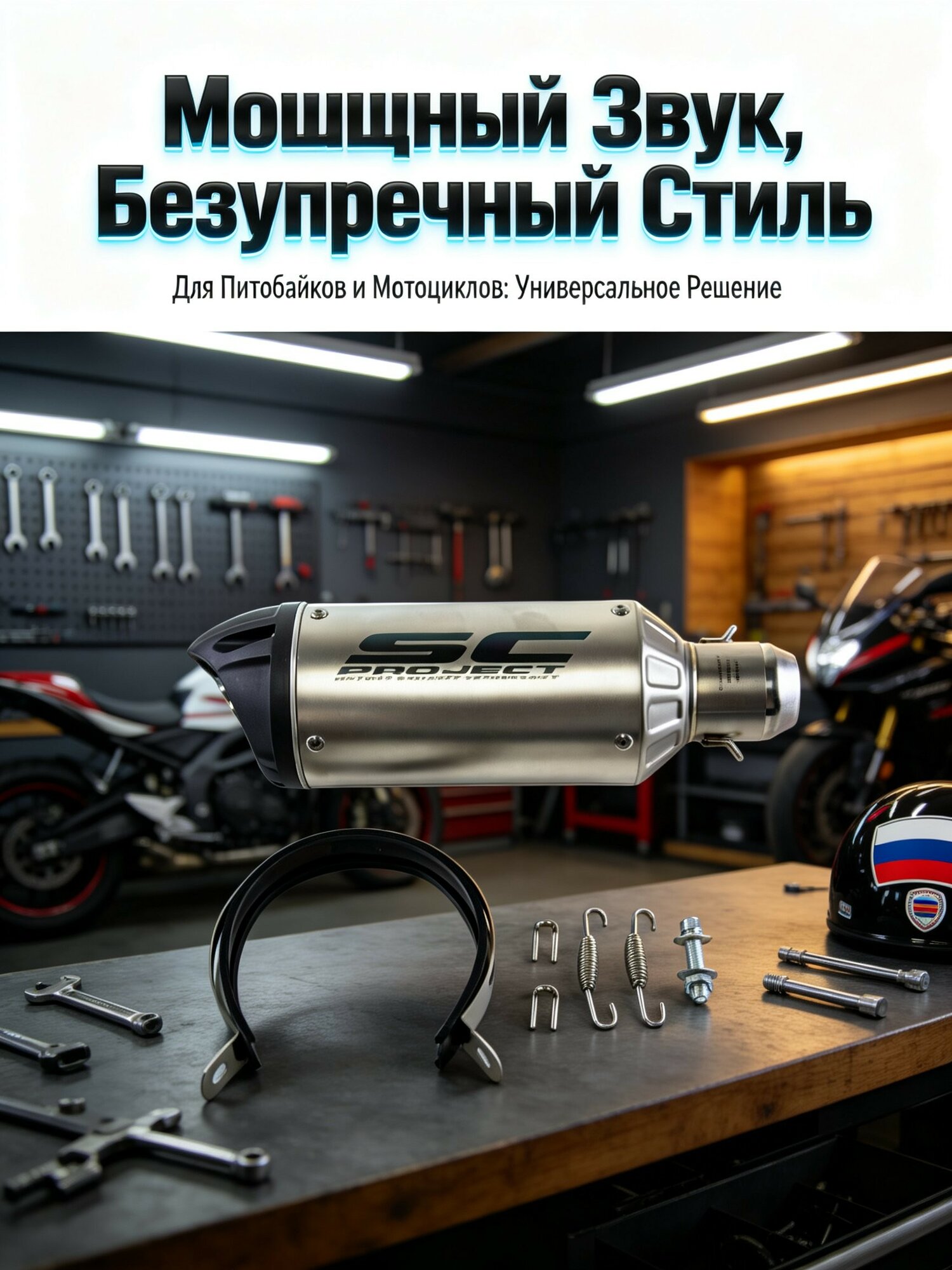 Глушитель SC Project прямоток для мотоцикла и питбайка, универсальный выхлоп 38-51 мм с карбоновым покрытием и комплектом крепежа