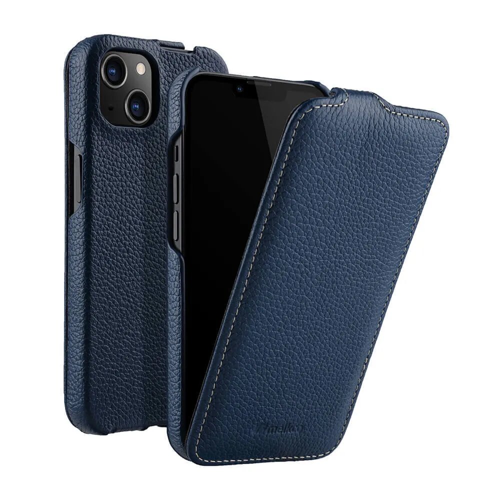 Вертикальный открытый чехол Melkco из натуральной кожи для iPhone 13 Mini, целевой флип-чехол, темно-синий