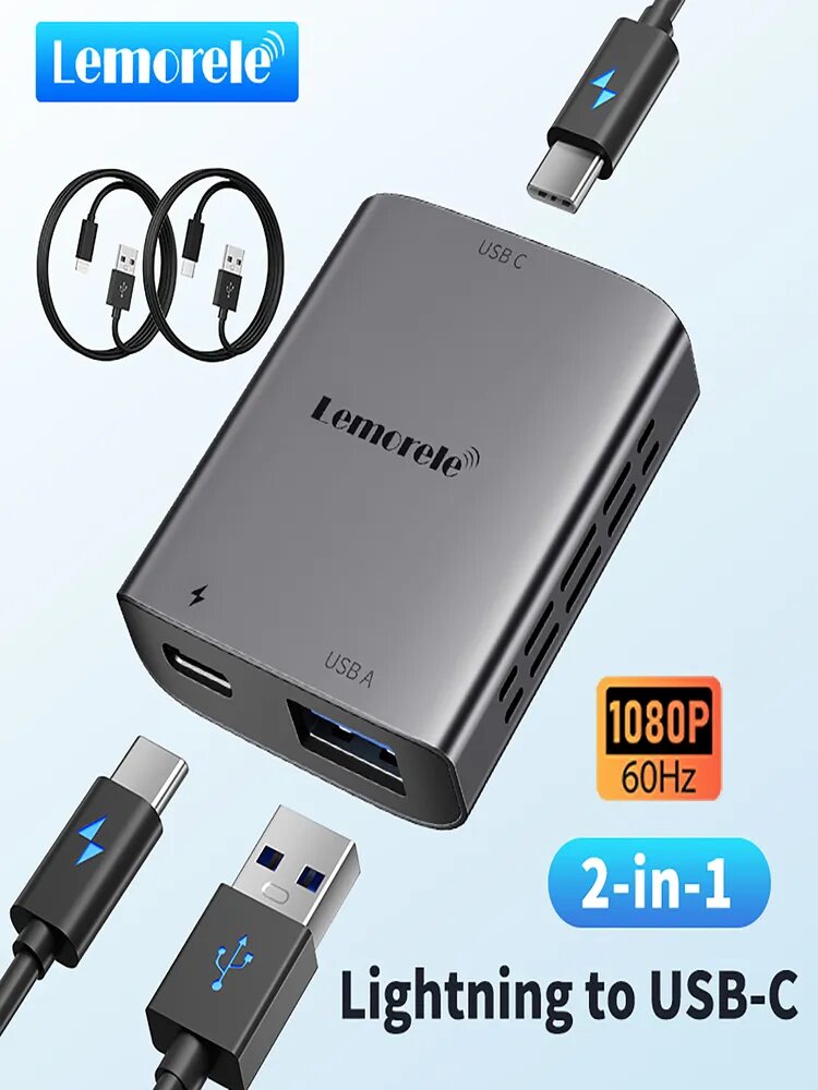 Lemorele LC20 Адаптер Lightning в USB-C для AR-очков, поддержка 1080p, алюминиевый корпус, совместимость с iPhone 11-14 и X REAL Air, RayNeo, Rokid Air