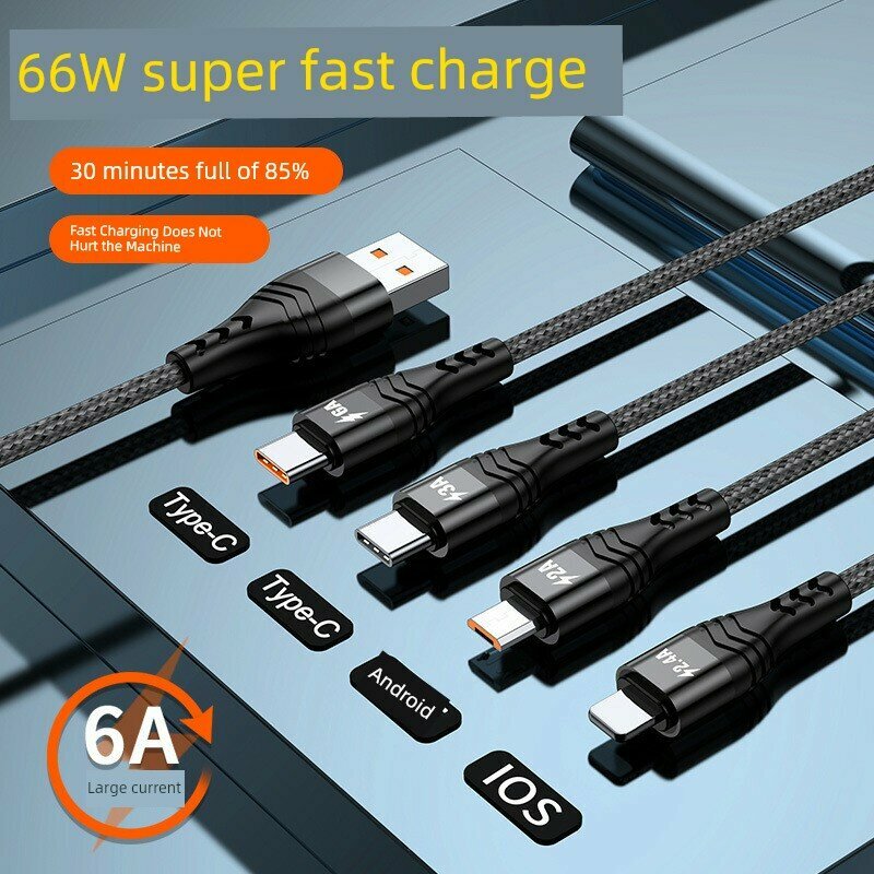 Кабель зарядки с 4 портами: 2 Type-C, USB-A, Lightning (длина 1,2 м) для устройств Huawei, Xiaomi, Apple и Android