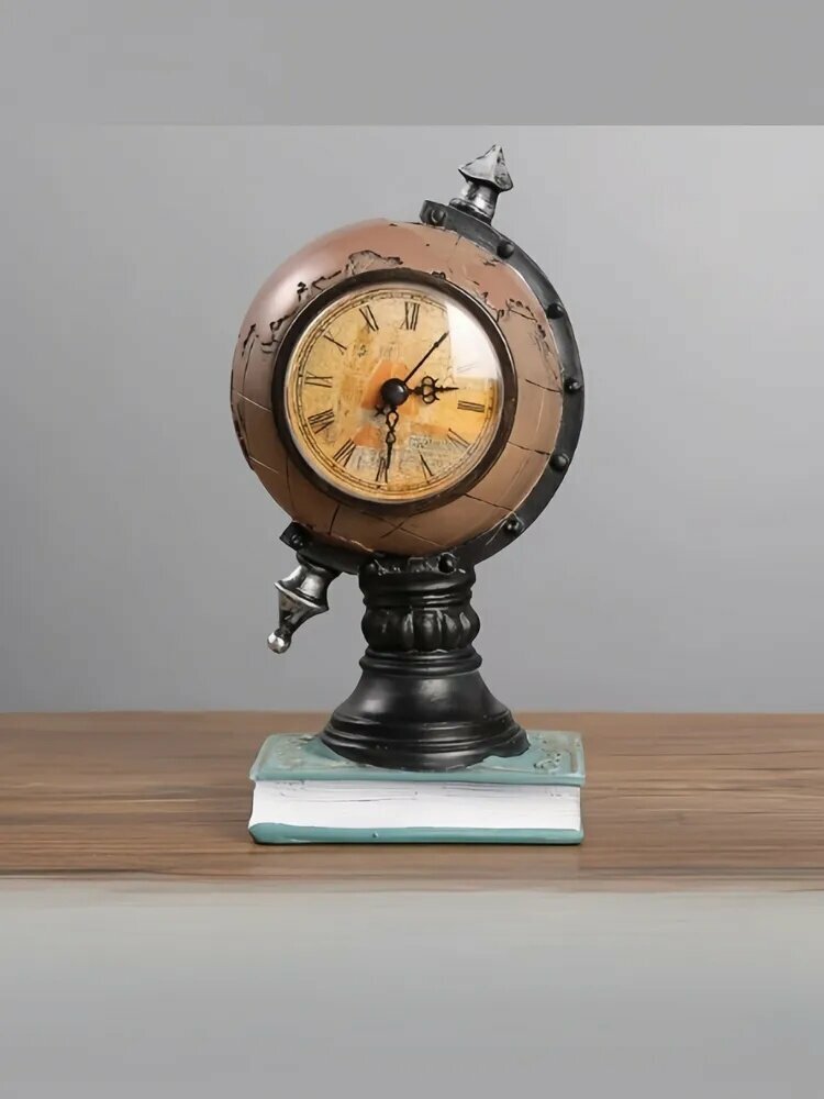 Ретро глобус-часы, креативные украшения, коричневый, смола, высота: 23 cm
