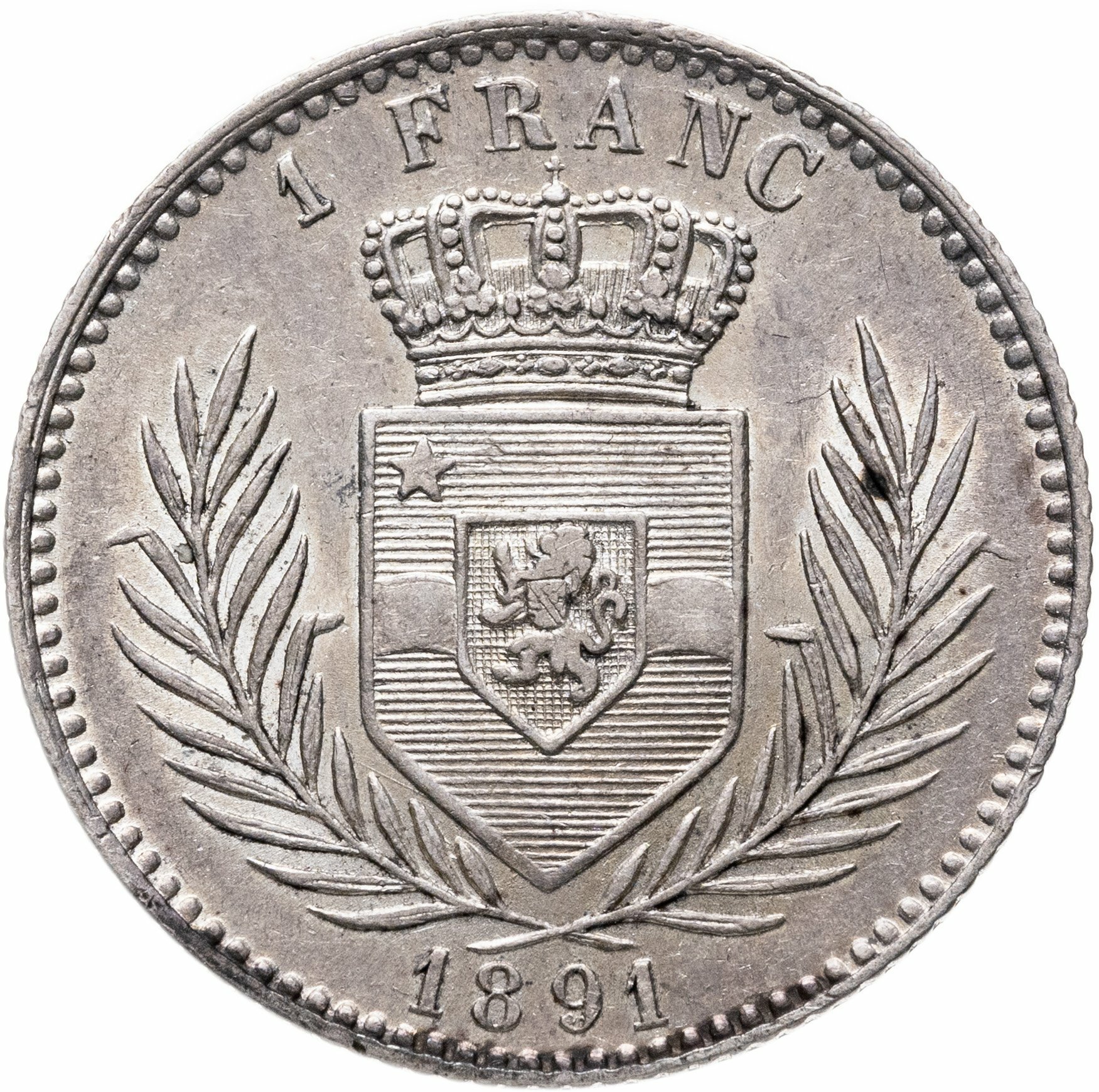 Бельгийское Конго 1 франк franc 1891, Серебро 0, в сохранности AU