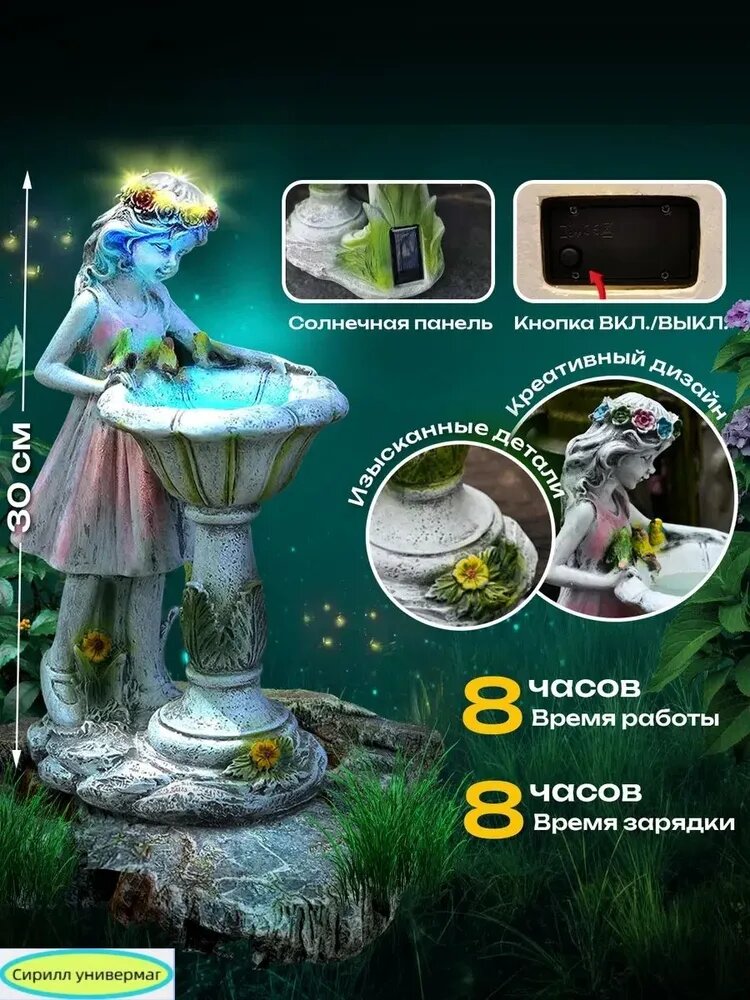 Фигурка садовая "Девочка с омутом", полирезин, с подсветкой, высота 30 см, серый, зеленый, светло-розовый — фото 1