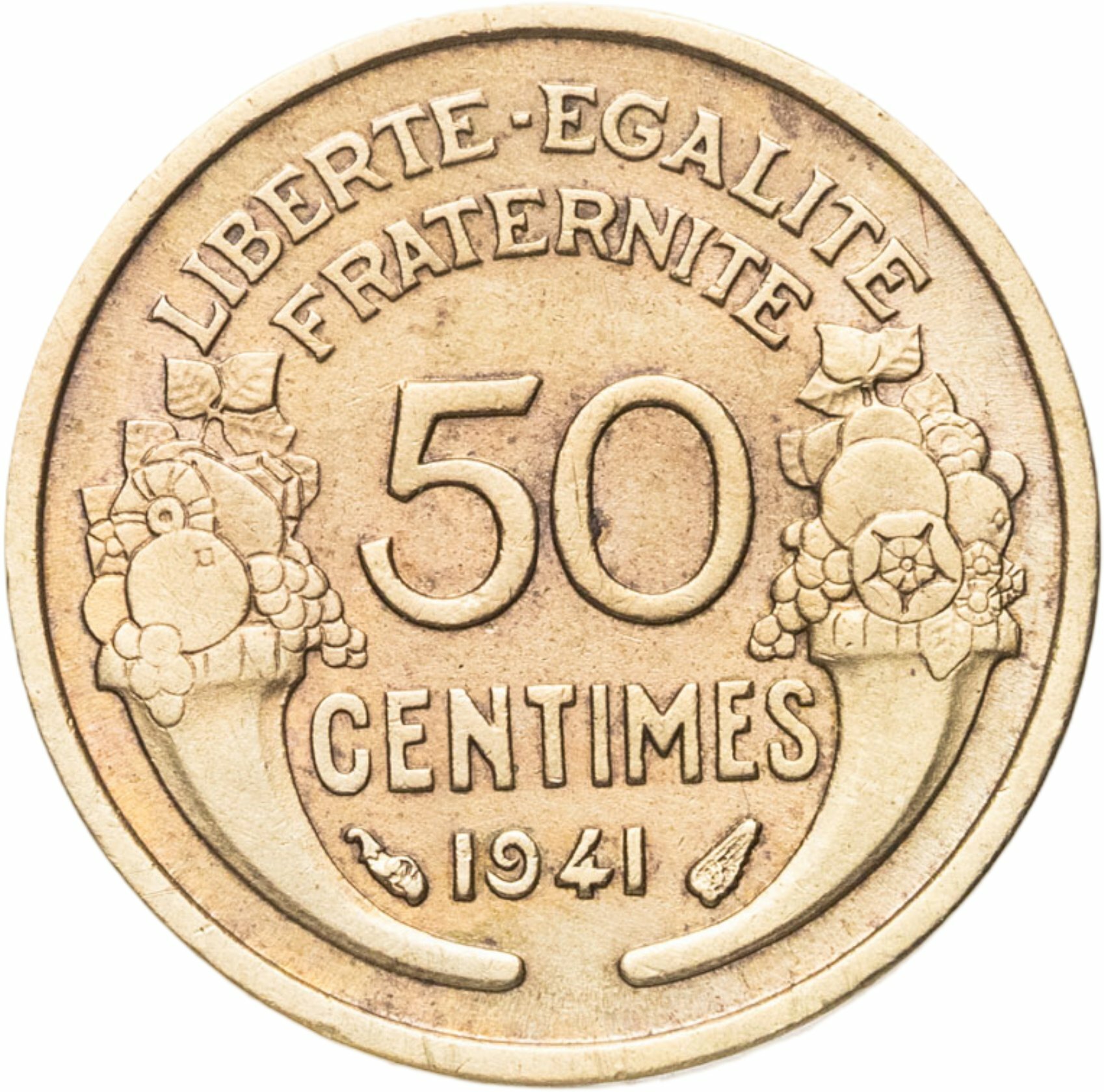 Франция 50 сантимов centimes 1941 Алюминиевая бронза /жёлтый цвет/, Бронза, в сохранности VF