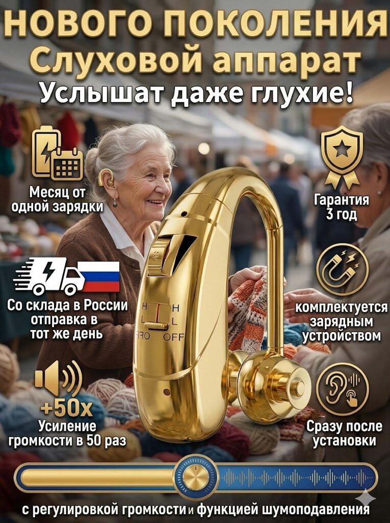 Накладной слуховой прибор с зарядным устройством для пожилых и взрослых