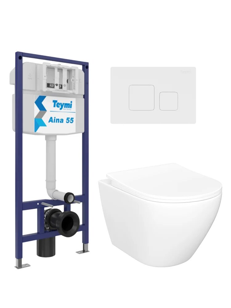 Комплект 4 в 1: Инсталляция Teymi Aina 1220067 / Унитаз подвесной STWORKI Кронборг S28401WH безободковый, с микролифтом / Кнопка Kati T70021WM, матовая белая, Комплект креплений