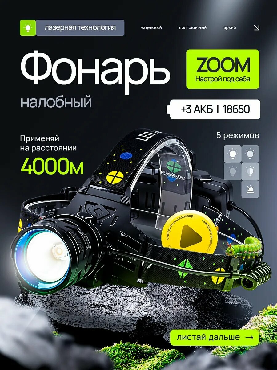 Фонарь налобный, светодиодный, USB-зарядкой, влагозащитный, 3000 лм