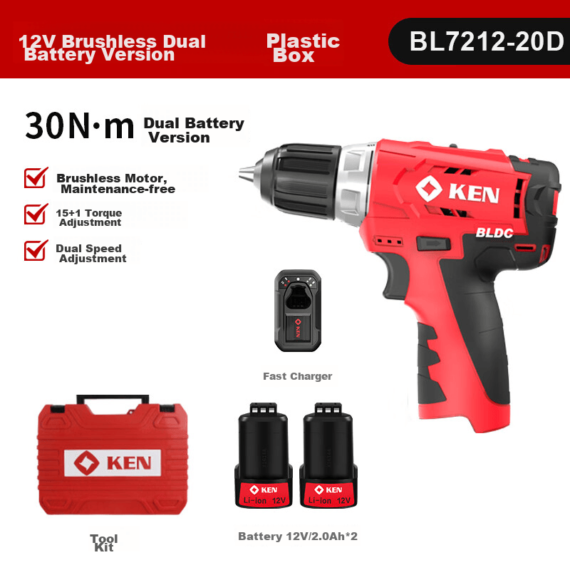 KEN BL7212-20D Беспроводная безщеточная дрель 12В с двойным аккумулятором 2.0Ач Стиль：[30 Нм 2.0Ач Двойной аккумулятор]