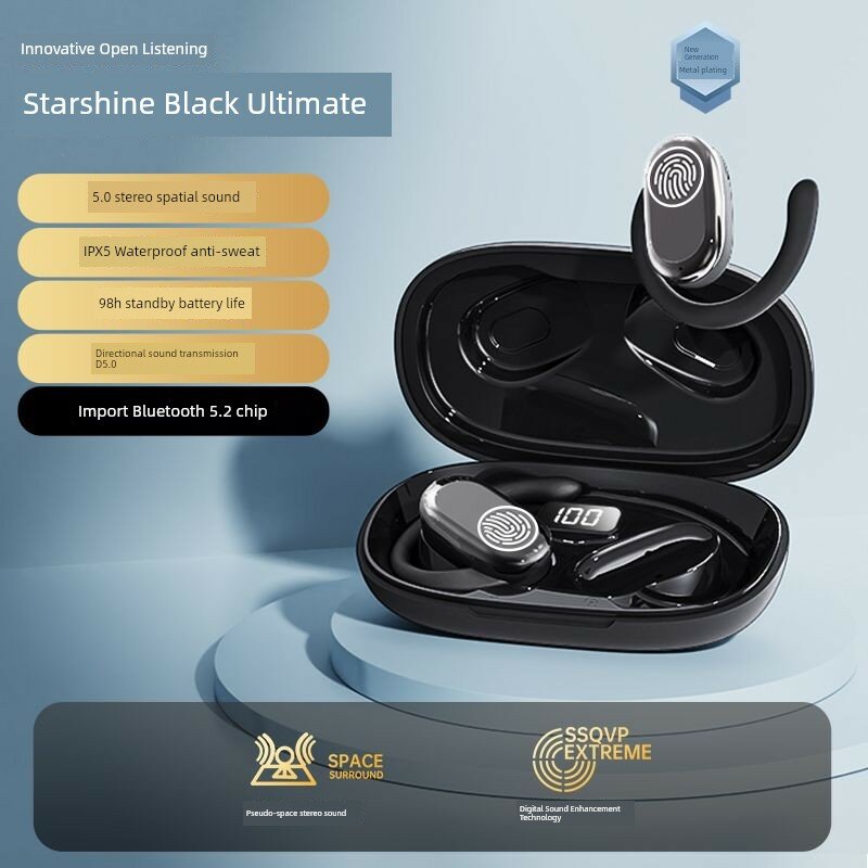 Беспроводные наушники Open-ear Bluetooth 5.2 с LED-дисплеем, HiFi звуком и комфортной посадкой - черные