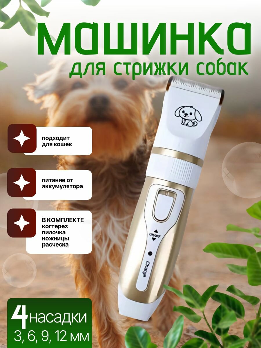 Машинка для стрижки собак и кошек 4 насадки / Триммер аккумуляторный с пилочкой, когтерезом, ножницами