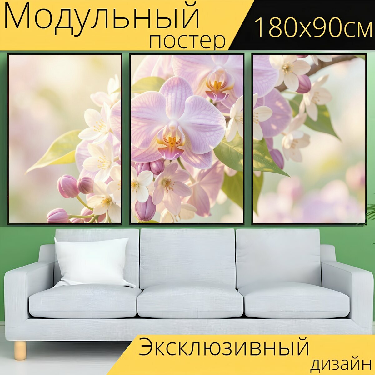 Модульный постер "Нежные орхидеи и цветущая ветка. Пастельная весенняя композиция с лиловыми орхидеями, белыми цветами и зелёной." 180 x 90 см. для интерьера на стену в тубусе