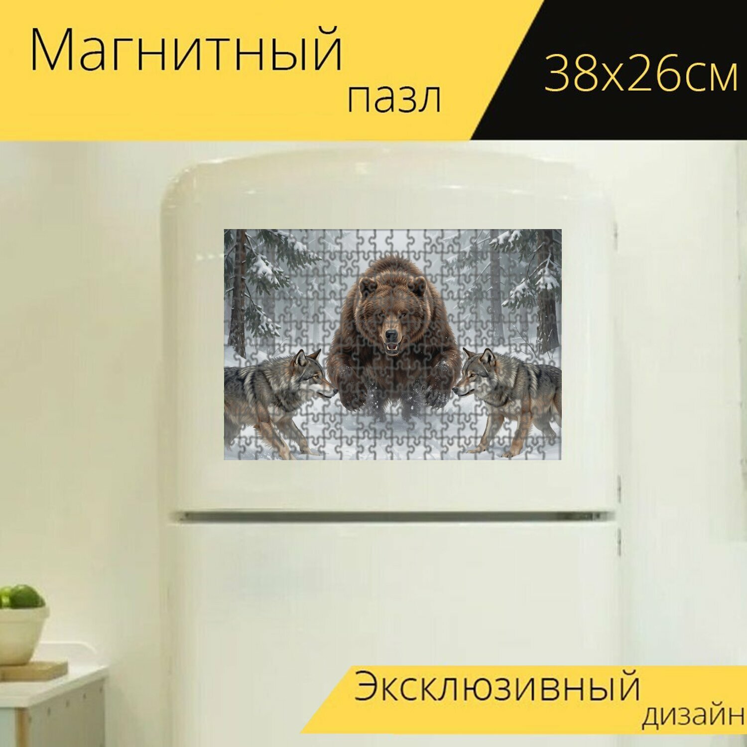 Магнитный пазл "Медведь и волки в зимнем лесу. Реалистичная сцена в заснеженной тайге: бурый хищник в центре, по бокам два серых волка, вокруг еловый лес." для интерьера, 38х26 см.