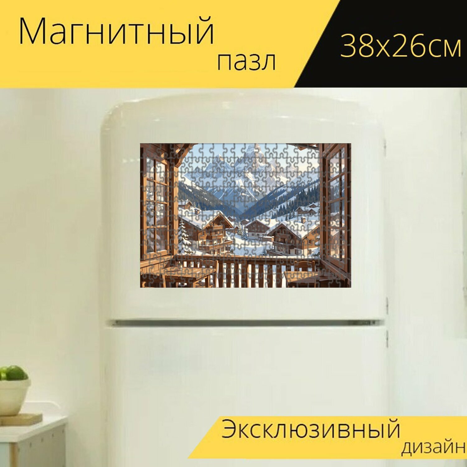 Магнитный пазл "Зимний горный курорт с шале. Уютный альпийский поселок среди заснеженных вершин, деревянные дома с белыми крышами, солнечный свет и холодные." для интерьера, 38х26 см.