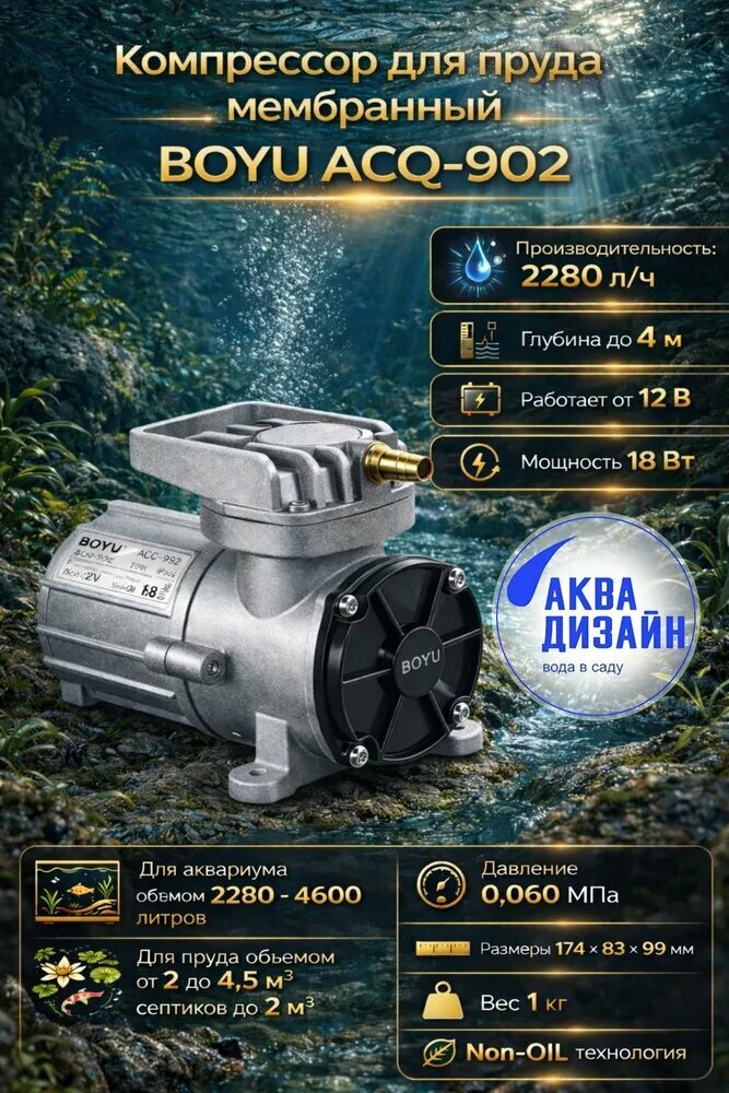 Компрессор мембранный для пруда и аквариума BOYU ACQ-902, 12V (38 л/мин)