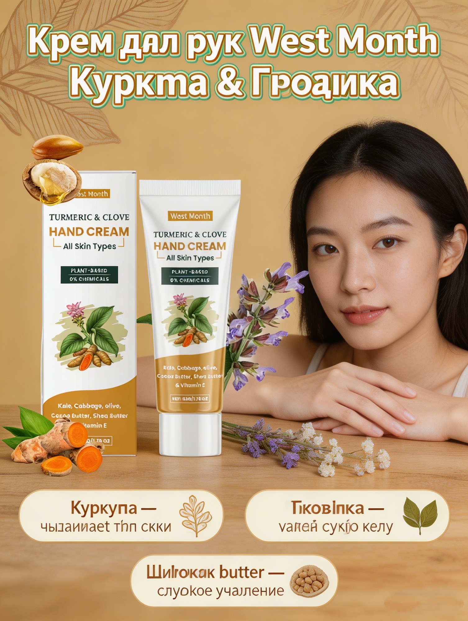 Натуральный крем для рук на основе куркумы и гвоздичного масла, увлажнение и питание кожи, защита от сухости и трещин