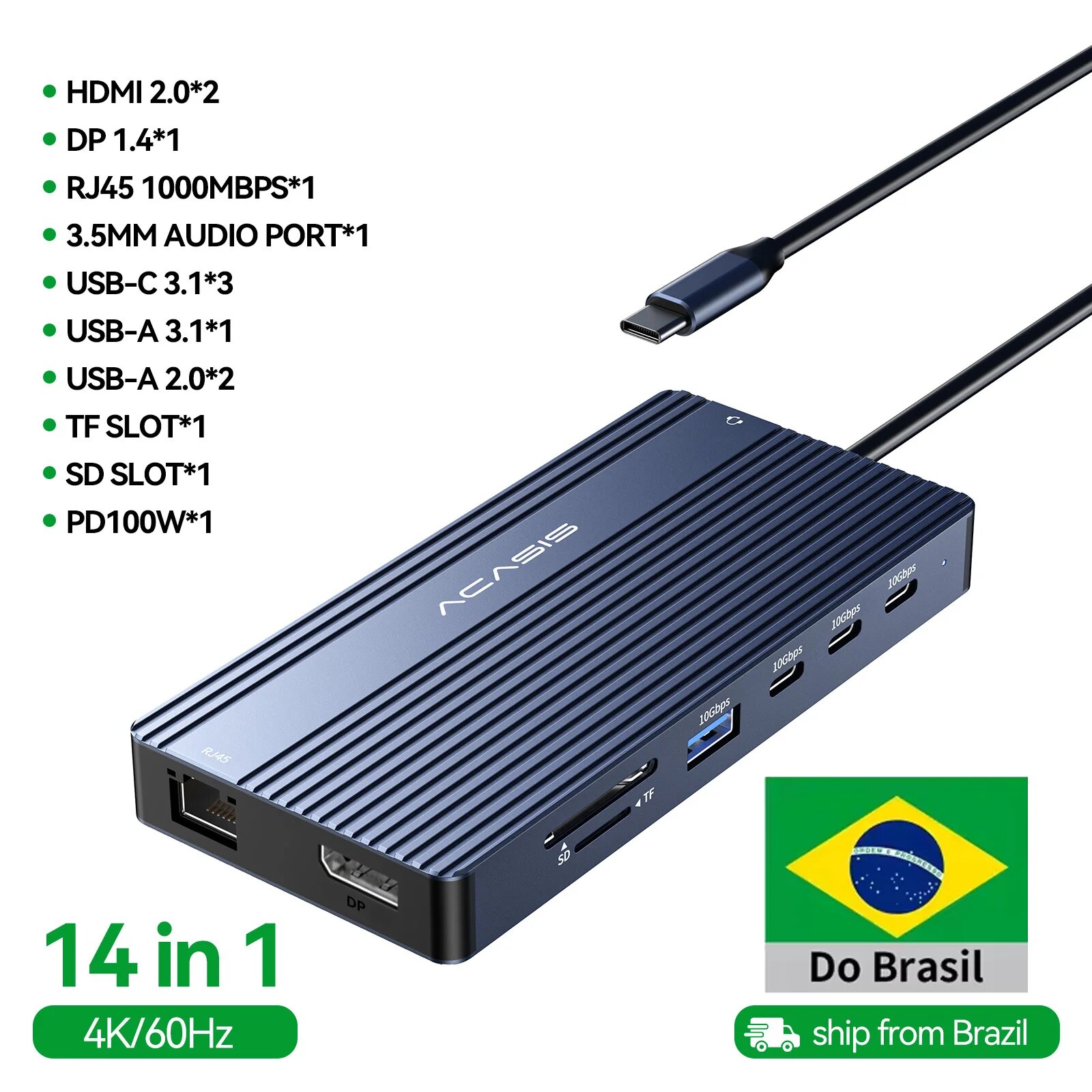Acasis USB-C хаб 14 в 1, 2 HDMI, 1 DP