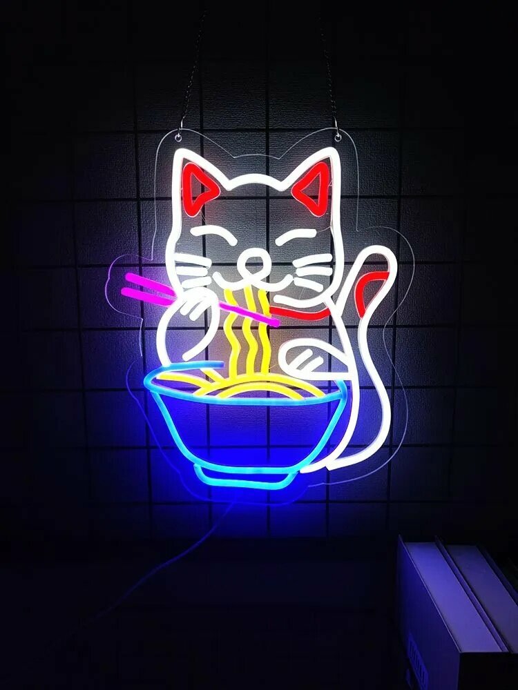 Неоновая вывеска; Lucky Cat Ramen, японская светодиодная вывеска, подходит для ресторанов рамен, украшения стен, кухни