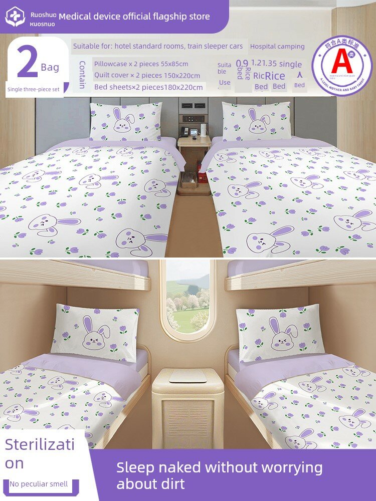Disposable Four-Piece Bedding Set: Duvet Cover, Bed Sheet, Pillowcase, Bedding for Hotel, Travel, Train Sleeper,