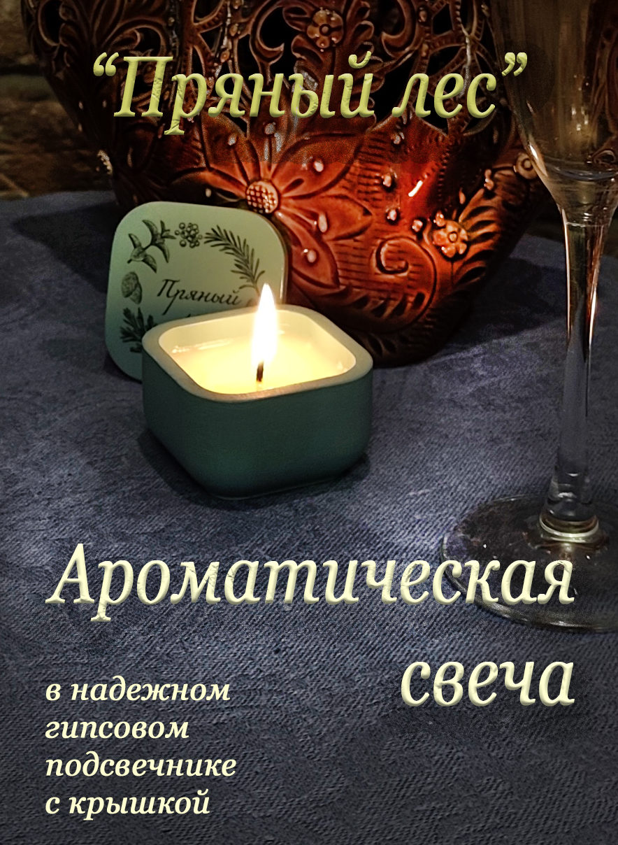 Свеча в гипсовом подсвечнике с хлопковым фитилем. Ароматическая свеча "Пряный лес"