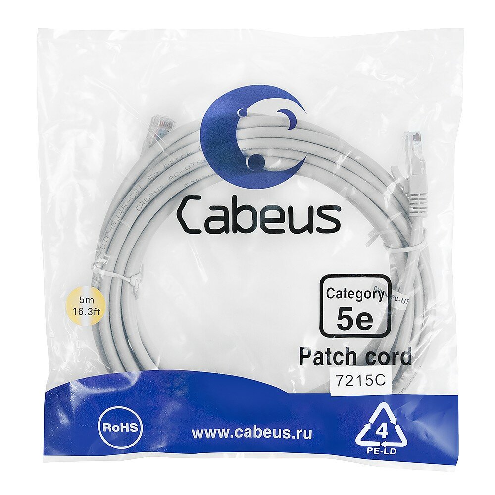 Патч-корд интернет кабель Cabeus PC-UTP-RJ45-CAT.5E-5M U/ UTP cat.5e 5 м Серый
