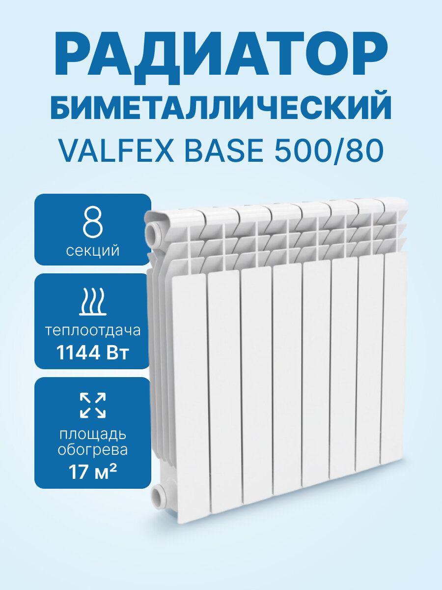 Радиатор биметаллический VALFEX BASE 500/80, 8 секций 1144 Вт VF. BM.500.80.08. B
