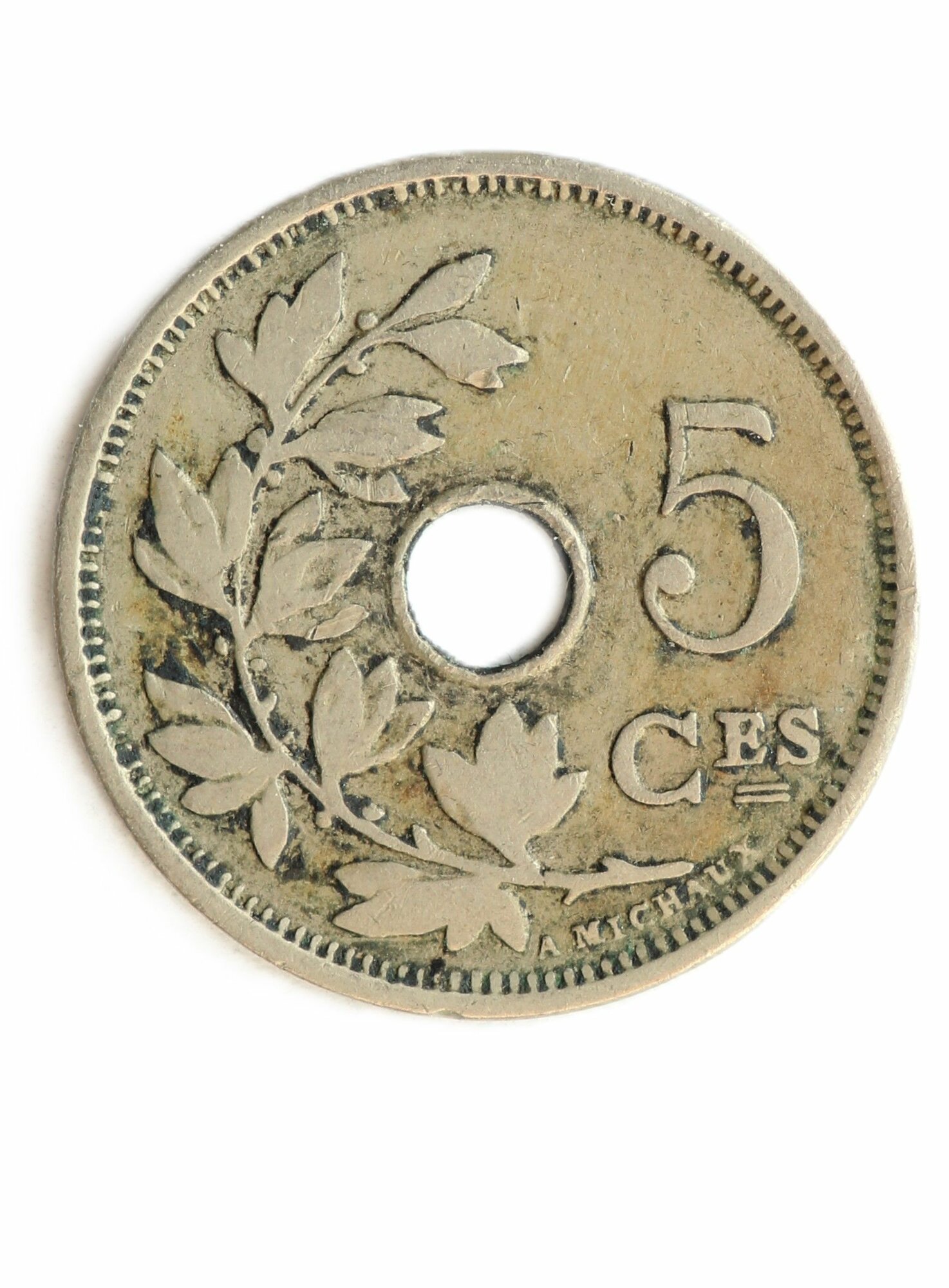 Подлинная монета Бельгии 5 сантимов 1906 года