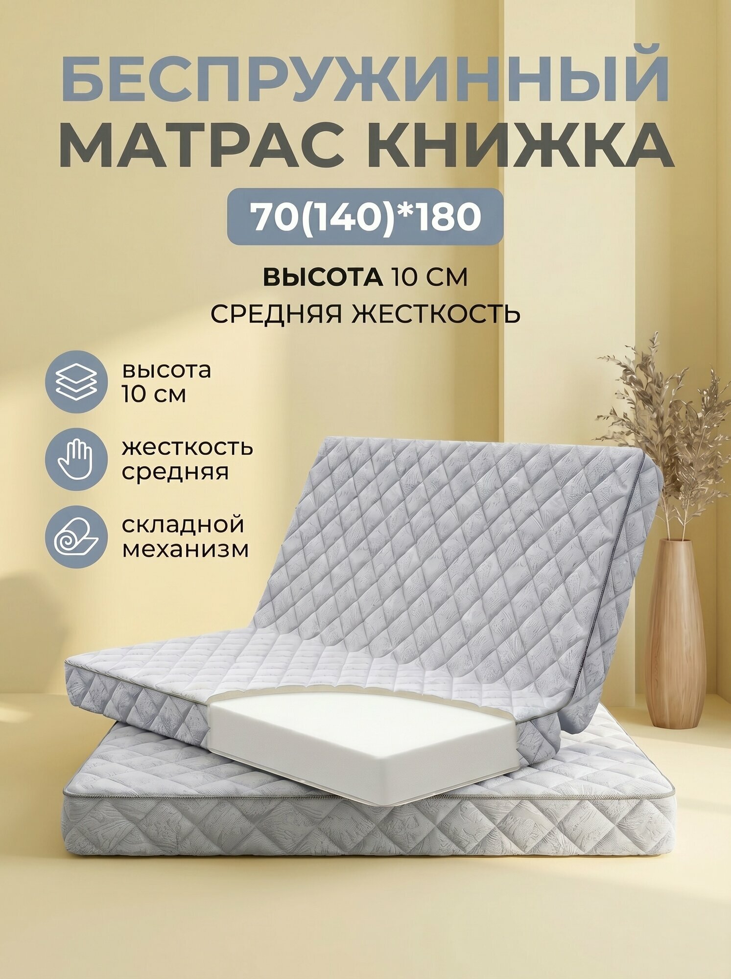 Матрас двуспальный Эталон (ППУ) 70 (140) *180 Раскладной/ Книжка для раздвижной кровати 70*180 или двуспальной, рулон