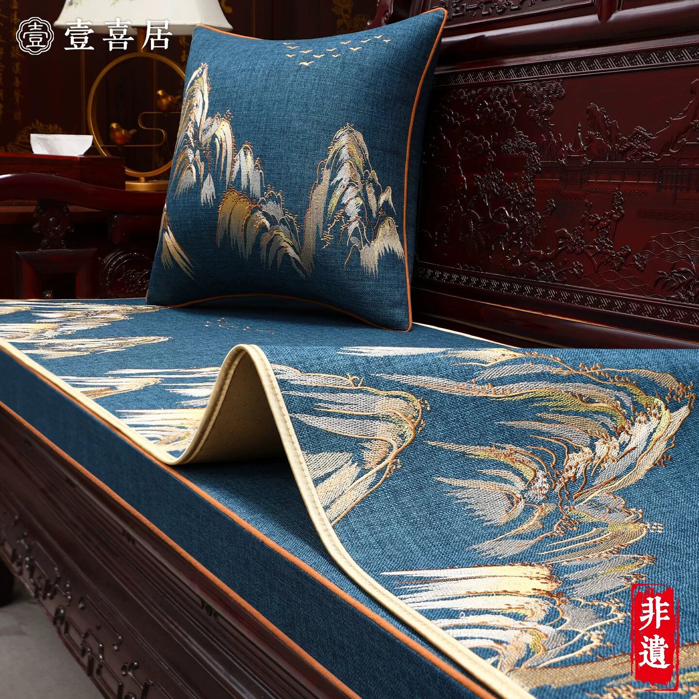 Jiangshan Ru Hua Dolice Linen Темно-синий Вышитый Водонепроницаемый Антискользящий Чехол 80x80см для сиденья