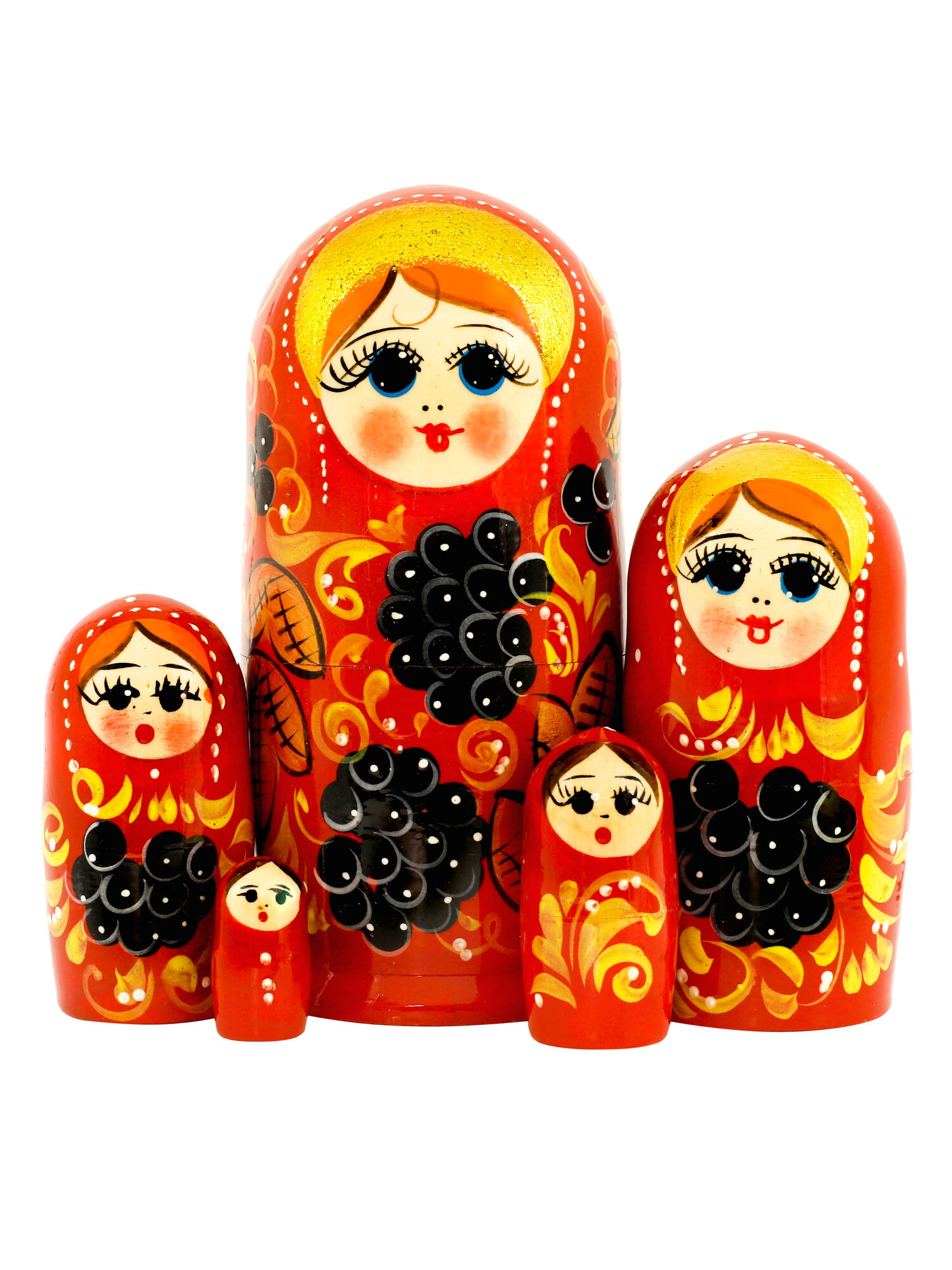 Матрешка " Рябинка ", красная, 5 мест, 14см, ручная роспись.