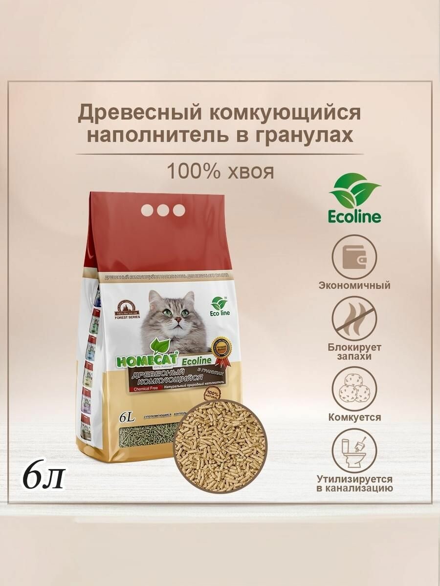 Древесный комкующийся наполнитель Homecat Ecoline, в гранулах, для кошачьих туалетов, 6 л