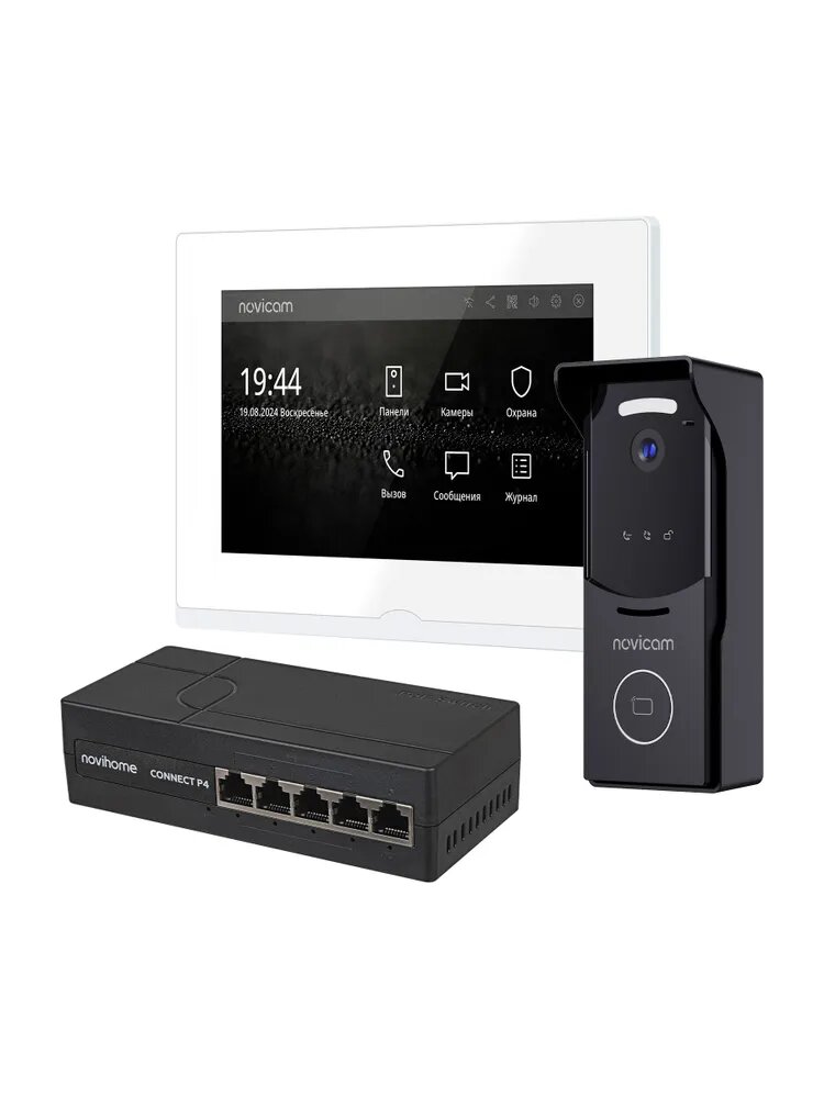 Комплект IP-видеодомофона Novicam IMPULSE 7 IP KIT WHITE. Сенсорный видеодомофон, вызывная панель со считывателем, PoE-коммутатор. Поддержка SIP. Приложение Smart Life